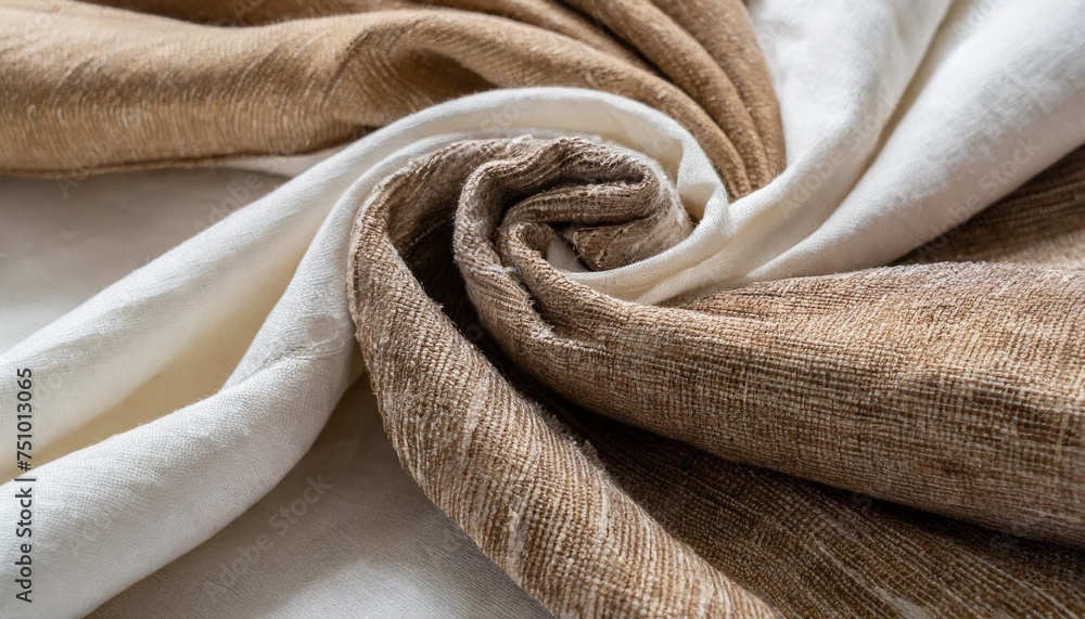 folded earth tones woven linen fabrics in close up detail in a full ...
