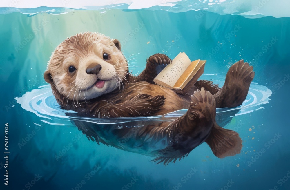 sea otter floating in water on its back holding open book with its paw ...