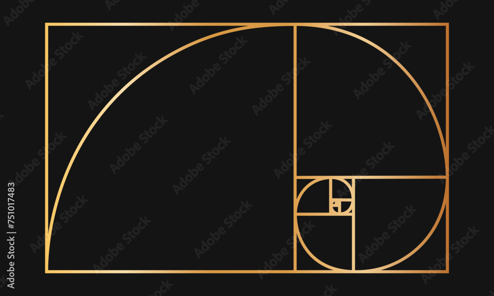 Golden ratio template. Gold logarithmic spiral in rectangle frame ...