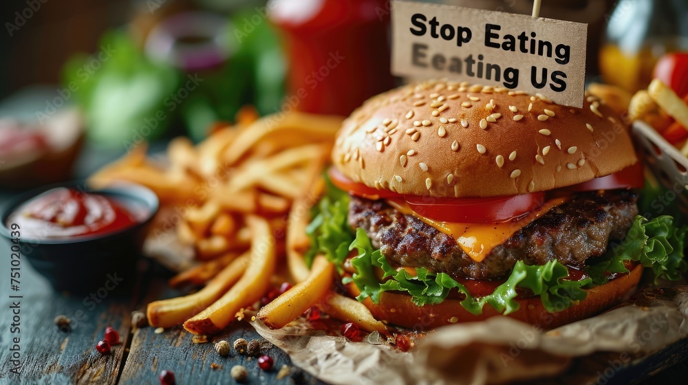 Whimsical plea: cartoon characters, fast food holding a sign 'Stop ...