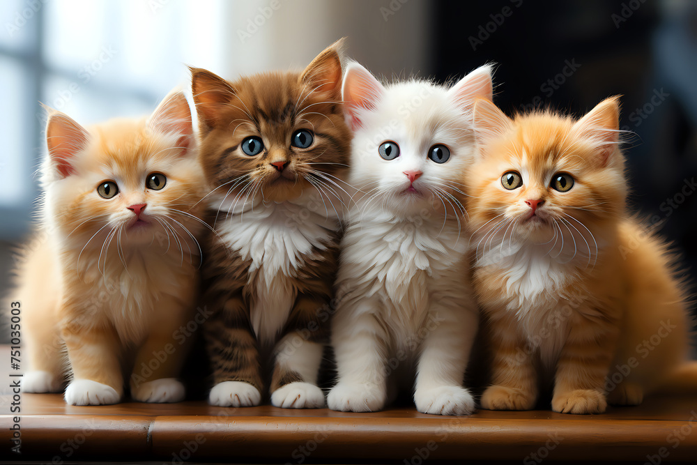 Furry Friends: A Quartet of Curious Kittens. Portrait of four fluffy ...