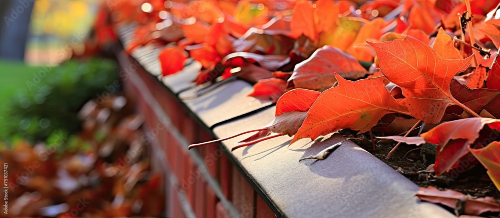 A detailed view of a window sill surrounded by fallen leaves ...