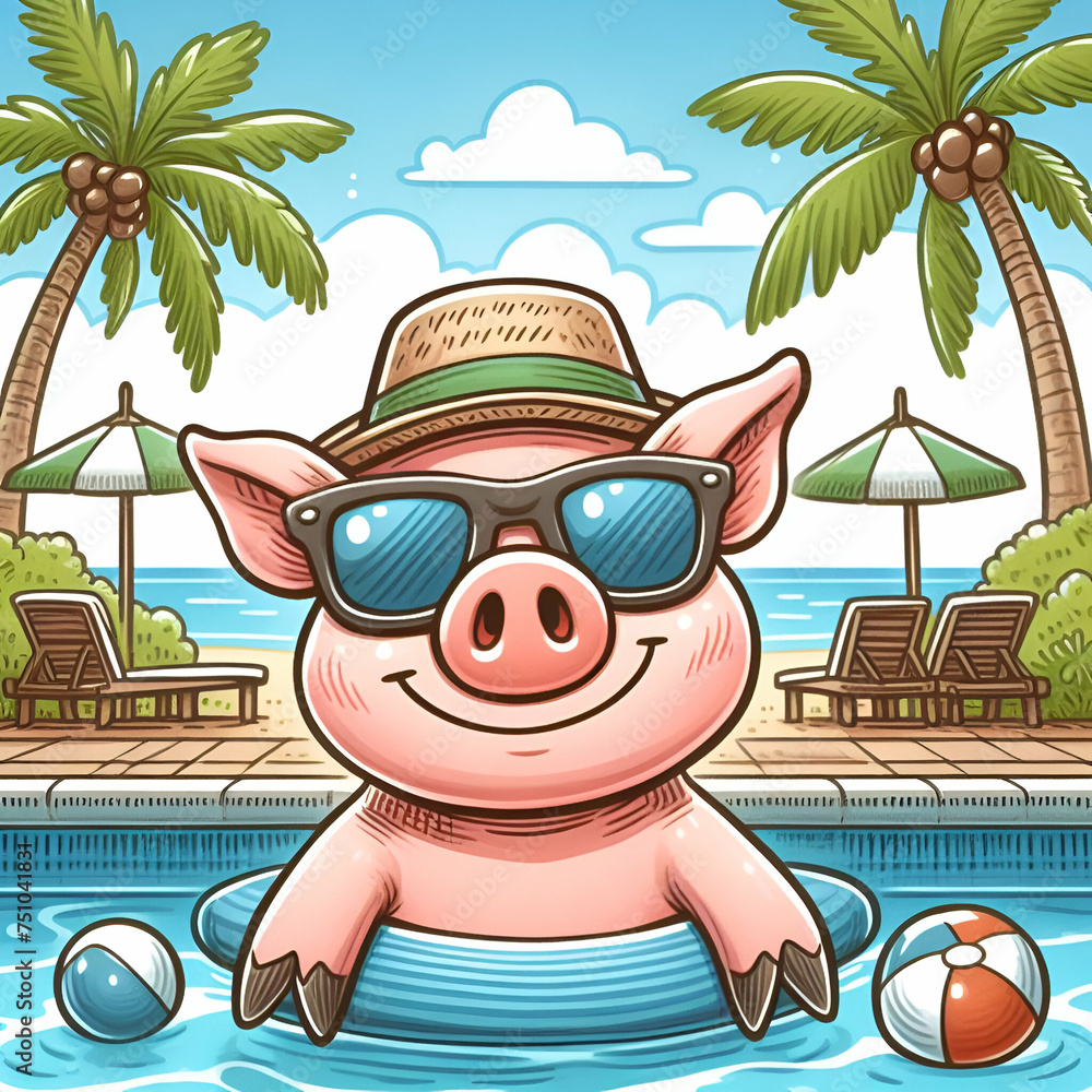 Funny Cartoon Pig Piggy on Vacation with Float & Beach Balls Wearing ...