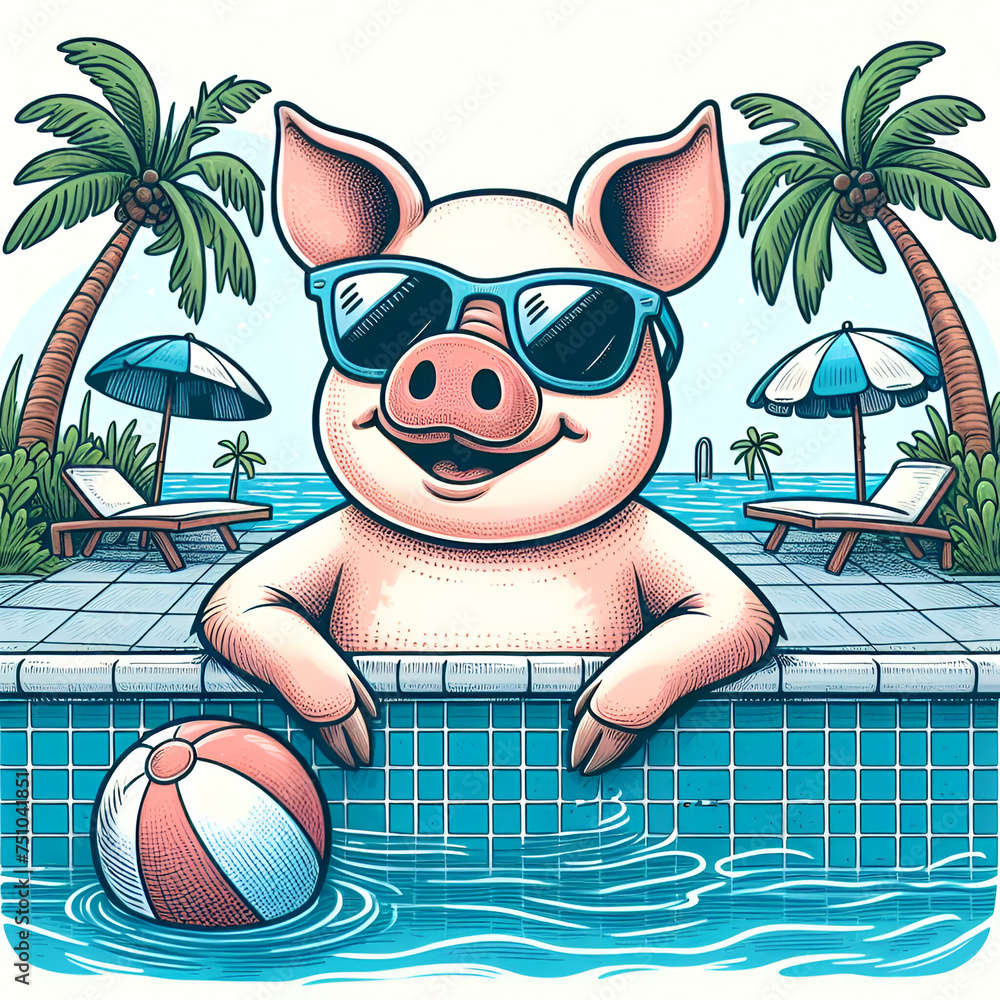 Funny Cartoon Pig Piggy on Vacation with Float & Beach Balls Wearing ...