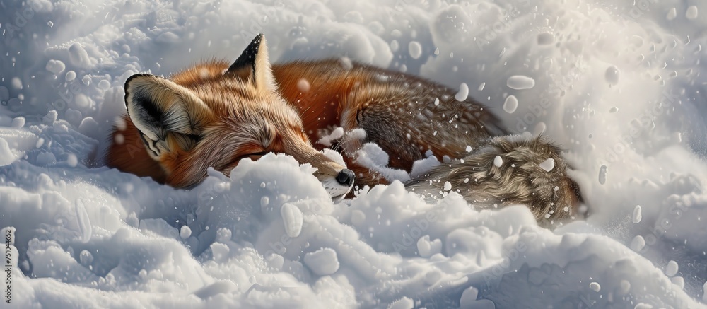A majestic red fox, scientifically known as Vulpes vulpes, is laying ...