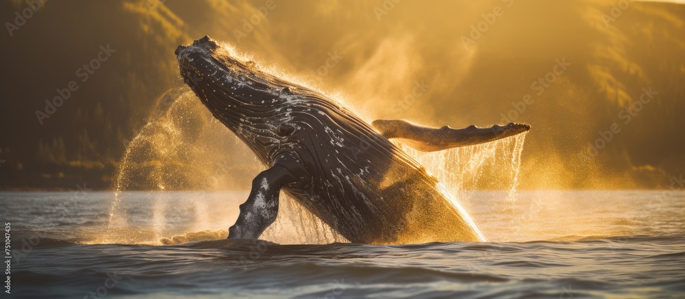 A powerful humpback whale is captured mid-air as it jumps out of the ...