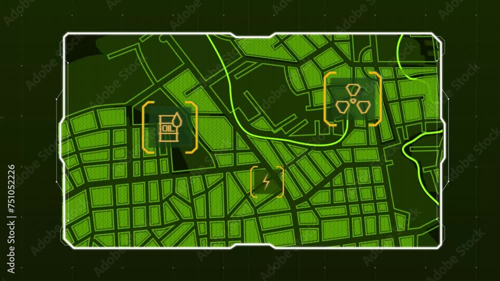 A digital map of a city is shown on a computer screen with green grass ...