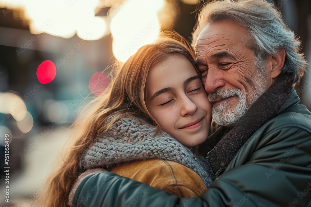caucasian teenage daughter hugging her father outside in town when ...