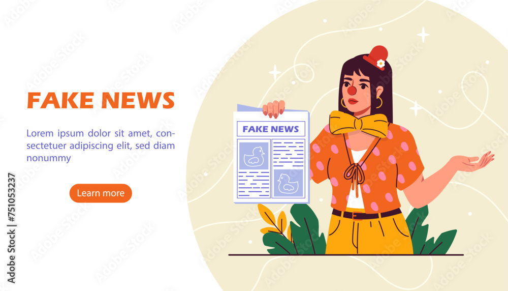 Fake news poster. Woman with newspaper in hand. Bad mass media ...