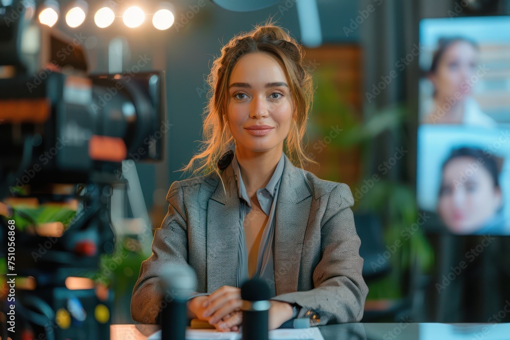 Talk show female presenter in suit at her table in studio, looking in ...