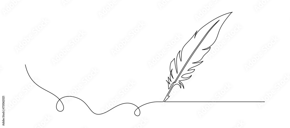 One continuous line drawing of bird feather. Writer and poetry symbol ...