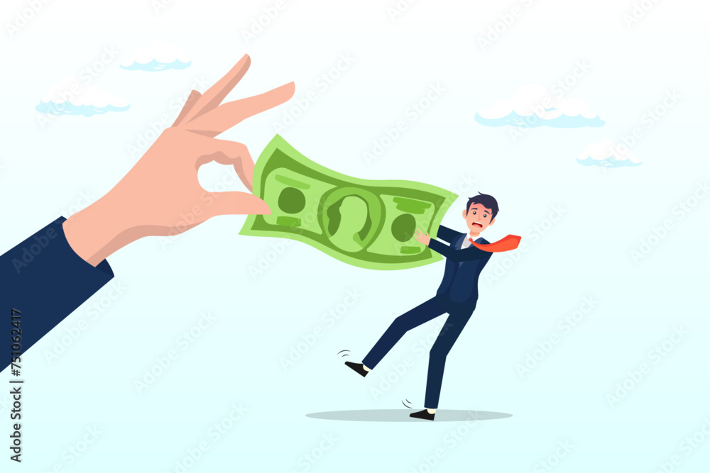 Big hand pulling money banknote tug of war with small businessman ...