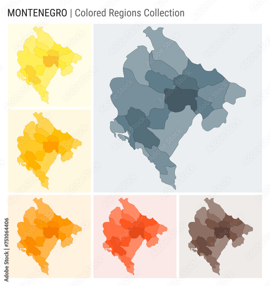 Montenegro map collection. Country shape with colored regions. Blue ...
