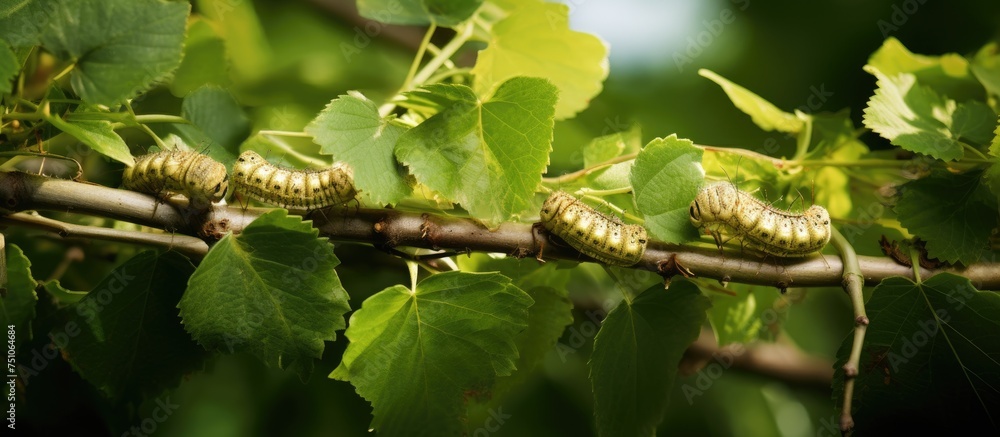 A cluster of caterpillars, including codling moth caterpillars and tent ...