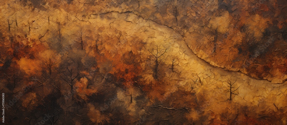 An aerial view of a tree line in the autumnal woods, with a road ...