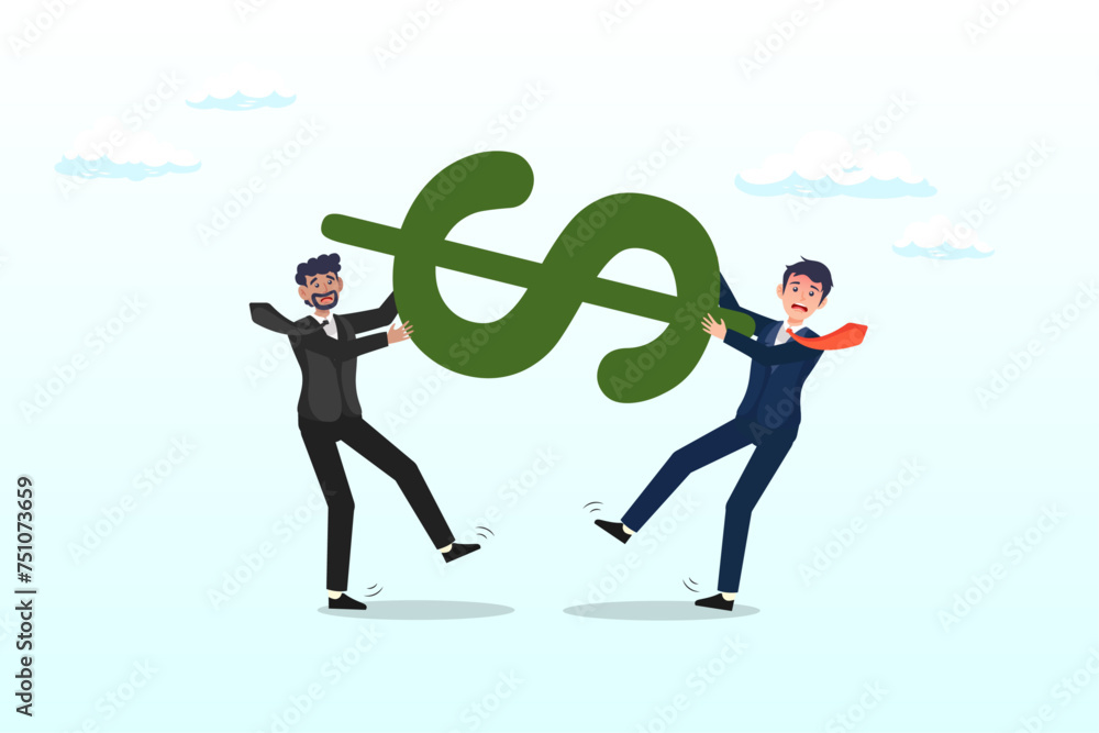 Greedy businessmen company owner or worker pulling tug of war money ...
