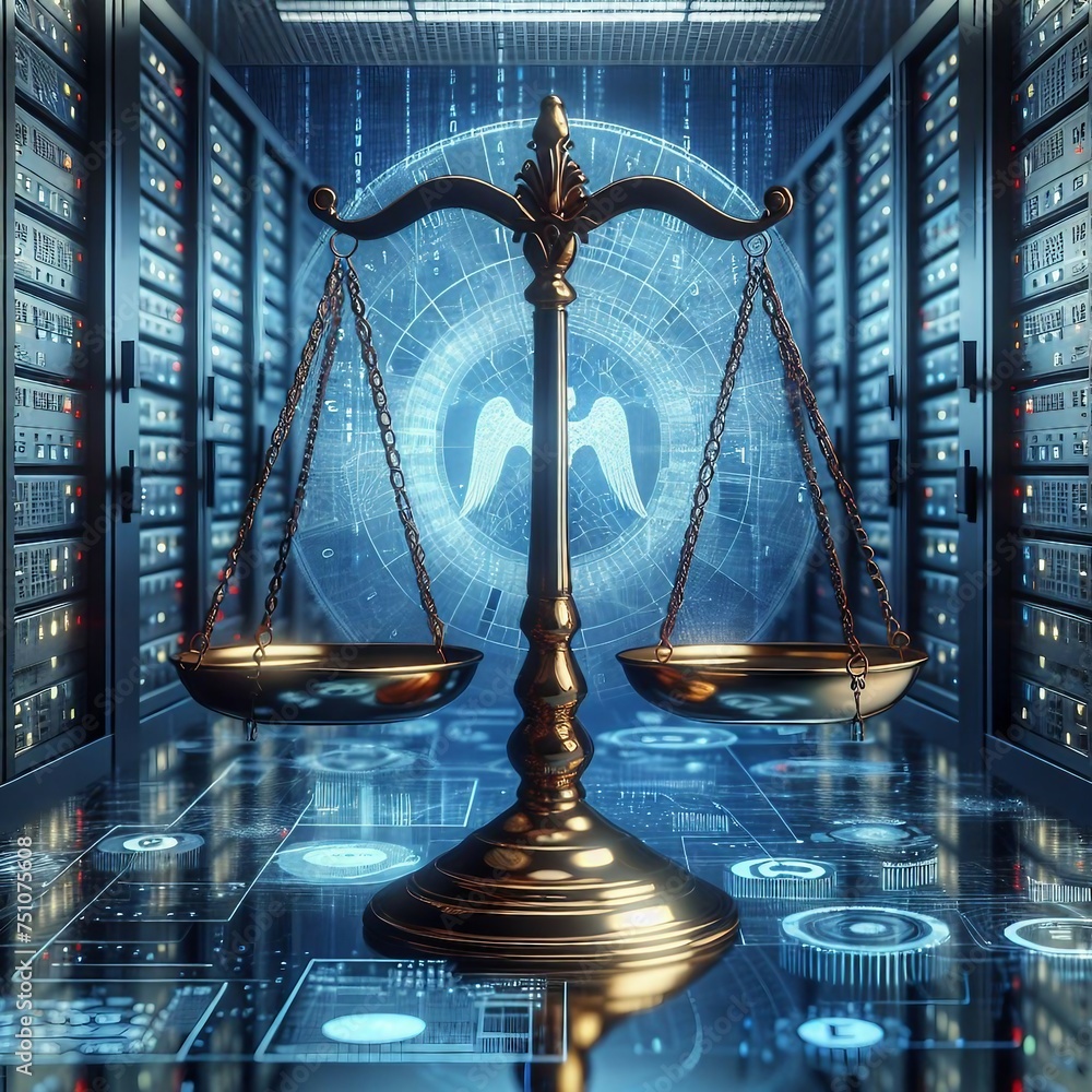 Law scales on background of data center. Digital law concept of duality ...
