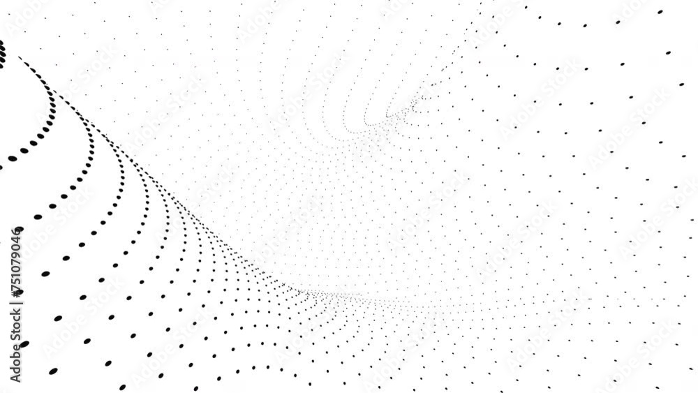 3D animation with moving dots in bends of space. Design. White 3D space ...