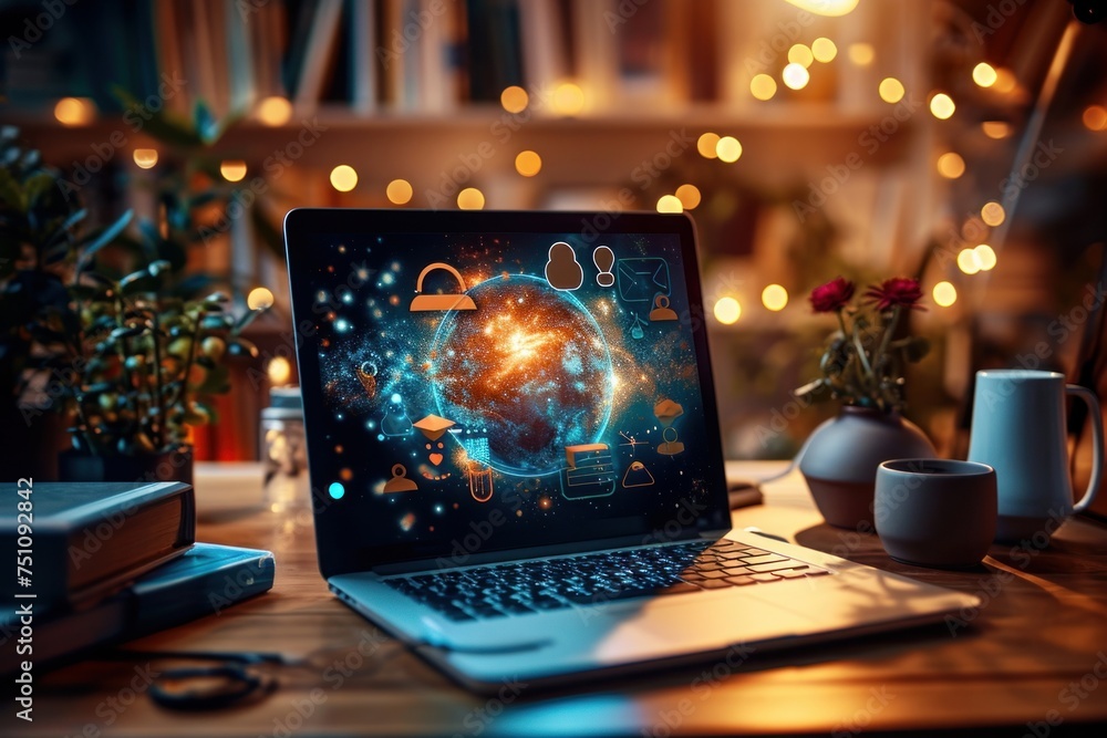 Edtech: Laptop on wooden desk with vibrant holographic projection of ...