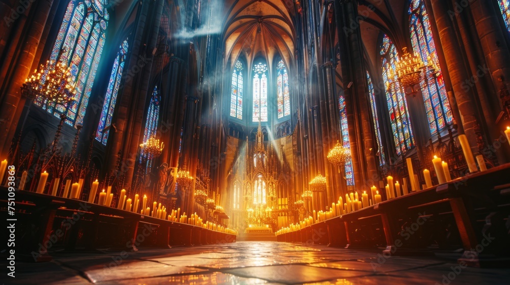 Candlelight and stained glass windows illuminate the interior of the ...