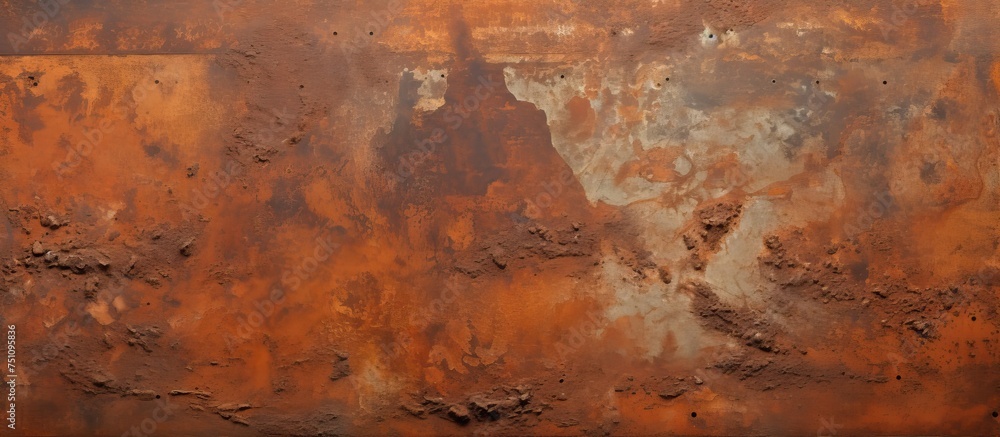 A rusted metal wall with peeling paint serves as the background for a ...