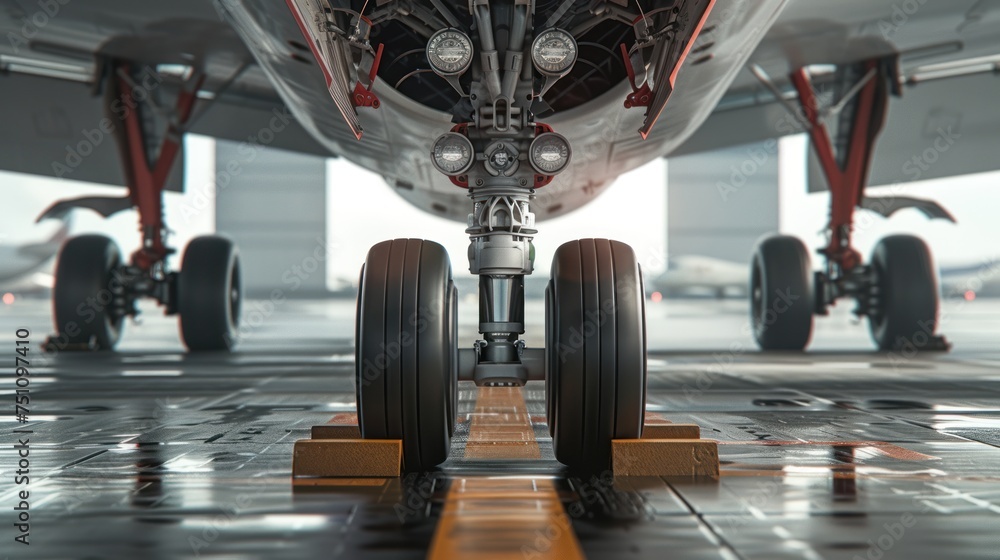 The lower fuselage of a passenger aircraft equipped with landing gear ...