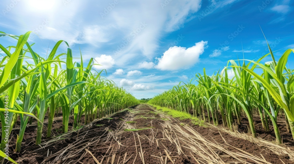 The sugarcane plants planted in the sugarcane fields were lined up in ...