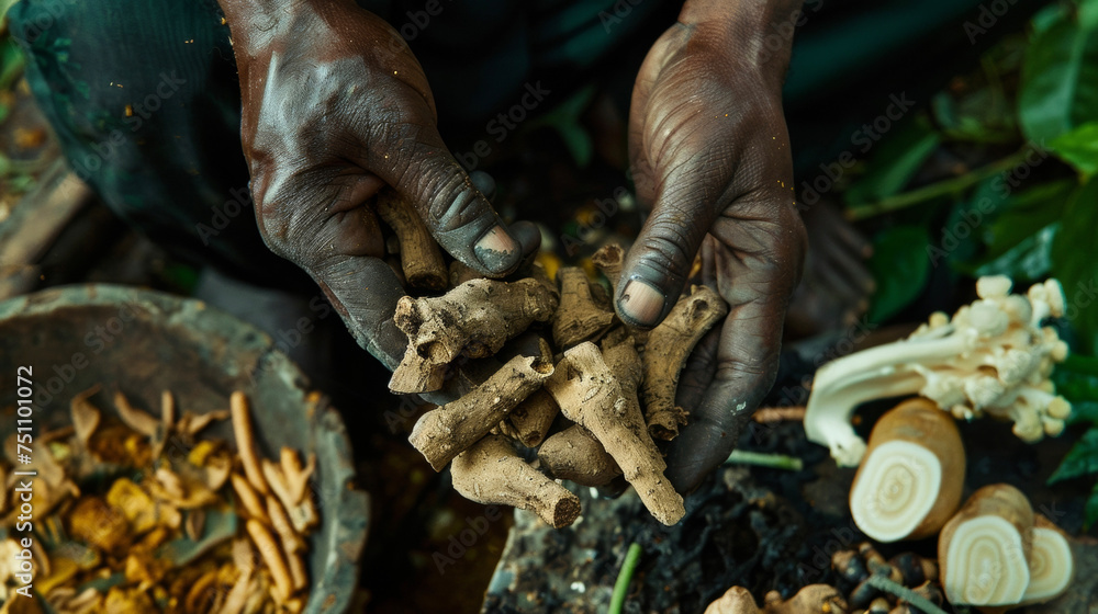 A medicinal plants roots are skillfully peeled and chopped by an ...
