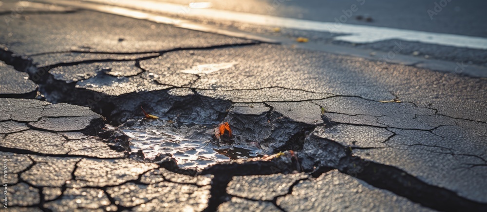 A cracked road surface caused by the degradation from water ...