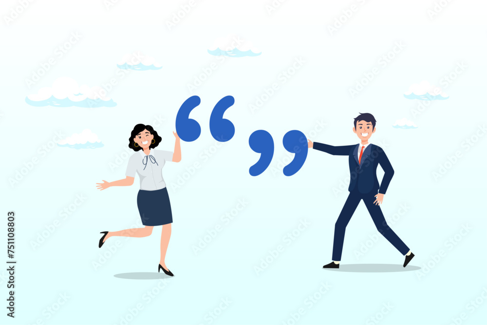 Smart businessman and businesswoman standing with quotation mark sign ...