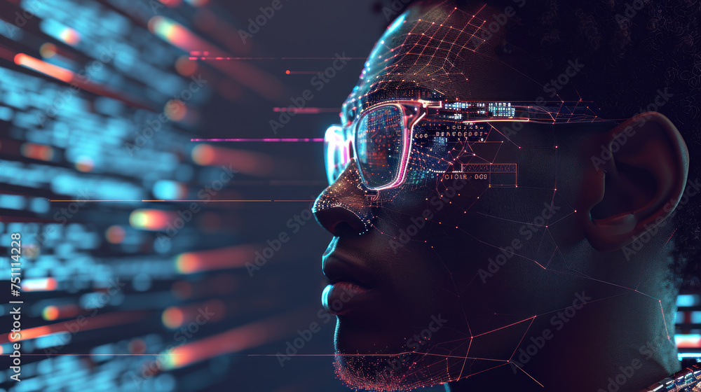 Black Man Wear glasses of virtual reality with Futuristic Fiber Optics Space with Dynamic Light ...