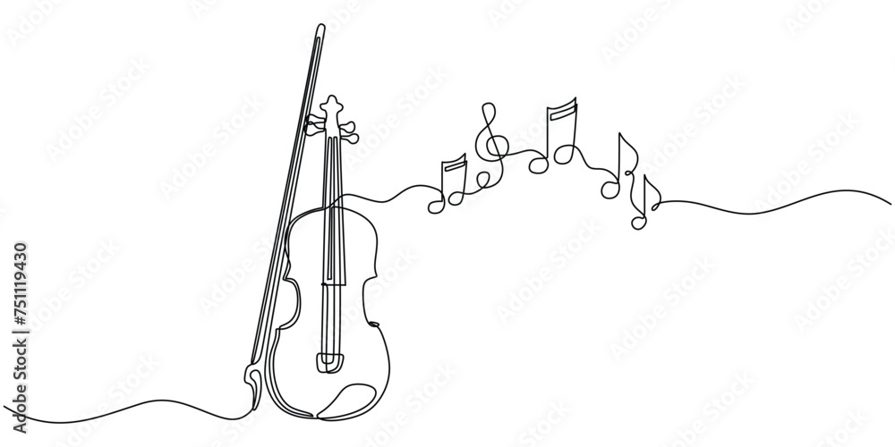 One line drawing of violin with music notes tone design. Classical jazz ...