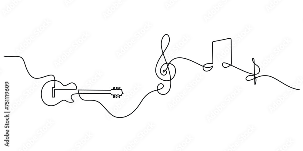One line drawing of classic guitar with music notes tone design ...