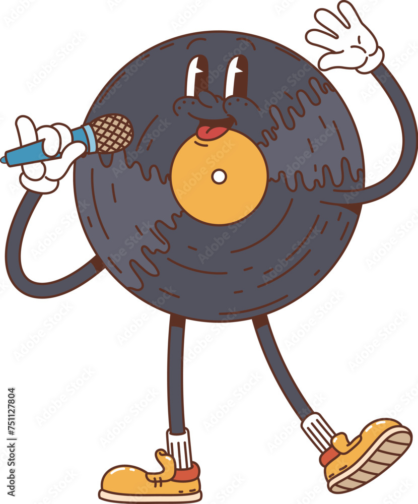 Cartoon vinyl disc groovy character sings passionately into a ...