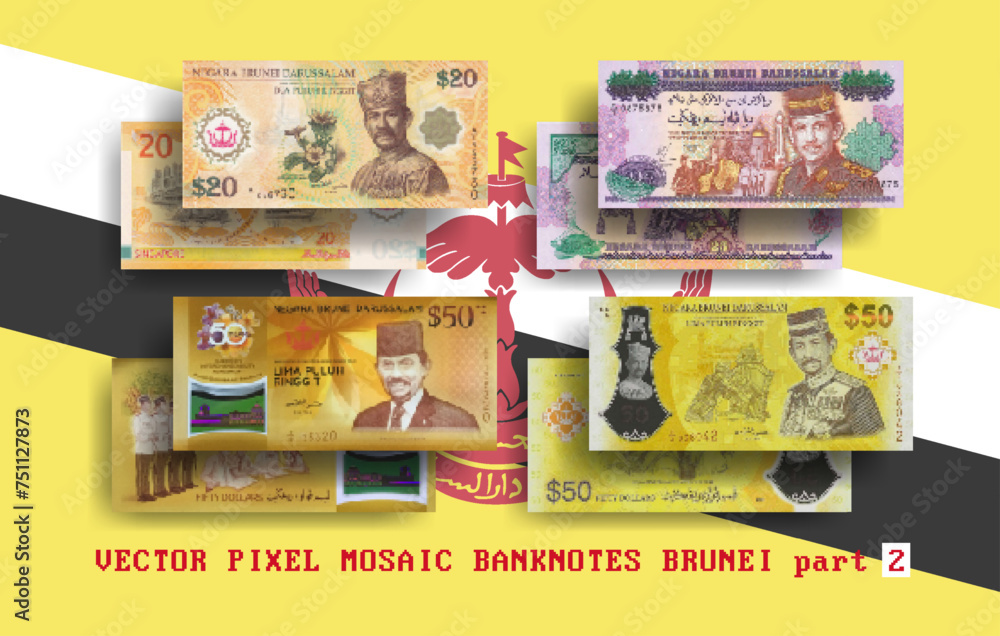 Vector set pixel mosaic banknotes of Brunei. Collection notes of 20, 25 ...
