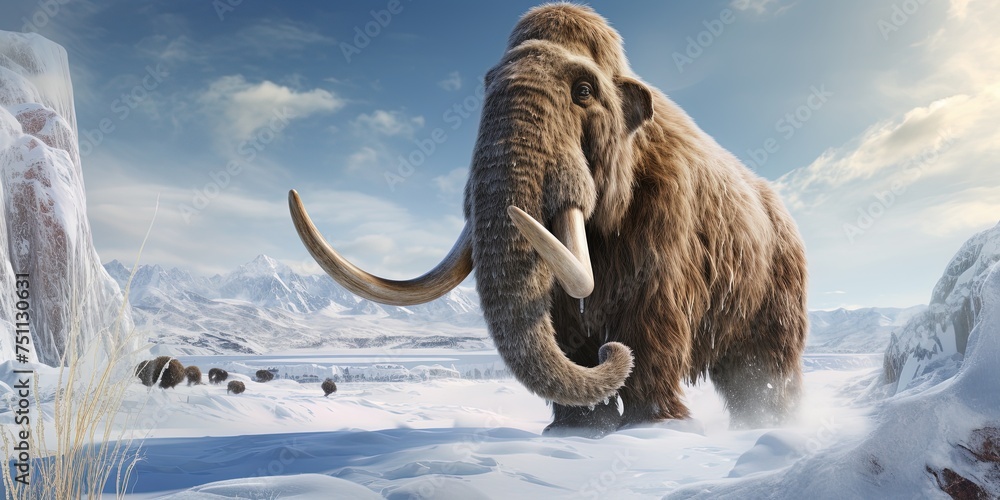 Woolly mammoth roaming the terrains of the ice age earth. Stock Photo ...