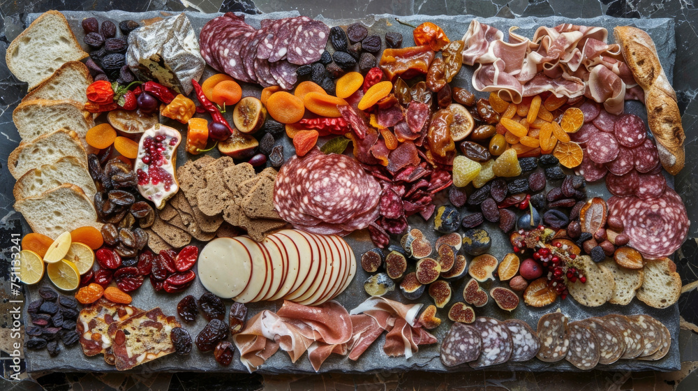 A colorful collage of different meats and pates arranged on a marble ...