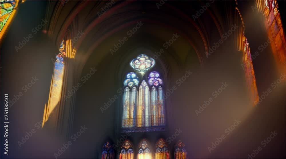 Church interior featuring a magnificent stained glass window depicting ...