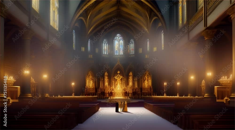 Night Church Interior: The bride and groom perform the ceremony inside ...