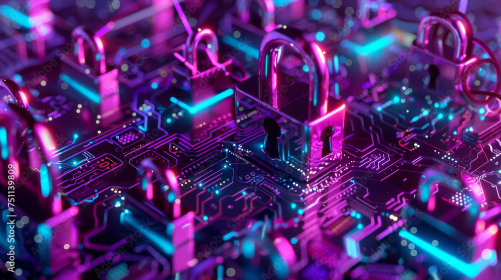Cybersecurity breach visual with 3D digital locks cracking data leaking ...