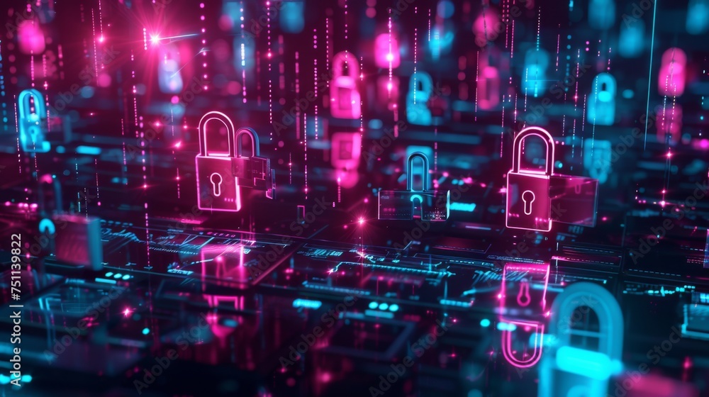 Cybersecurity breach visual with 3D digital locks cracking data leaking ...