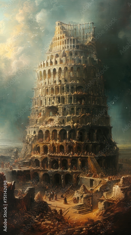 A monumental Tower of Babel pierces the sky, symbolizing human ambition ...