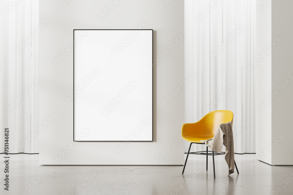 Bright interior with a yellow bar stool and a large white poster on the ...