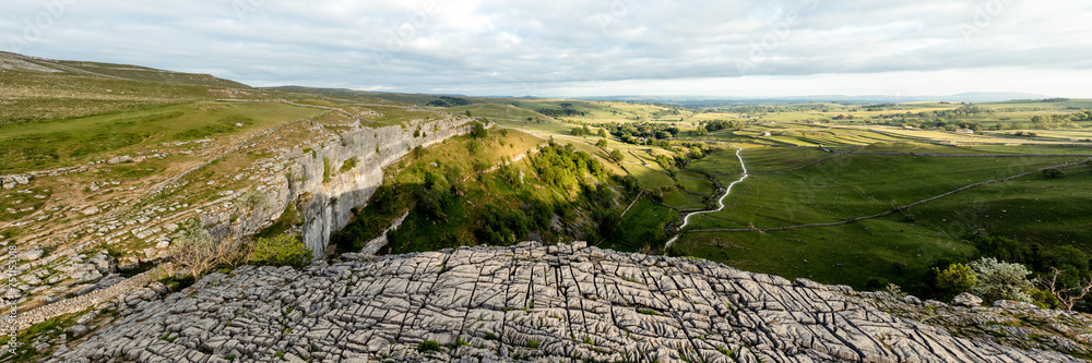 Malham Cove limestone pavement aerial Yorkshire dales Stock Photo ...