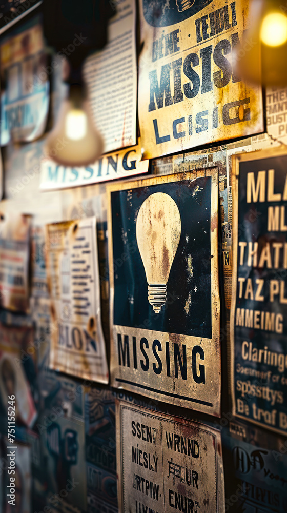 Rows of aged missing person posters on a wall with a prominent MISSING ...
