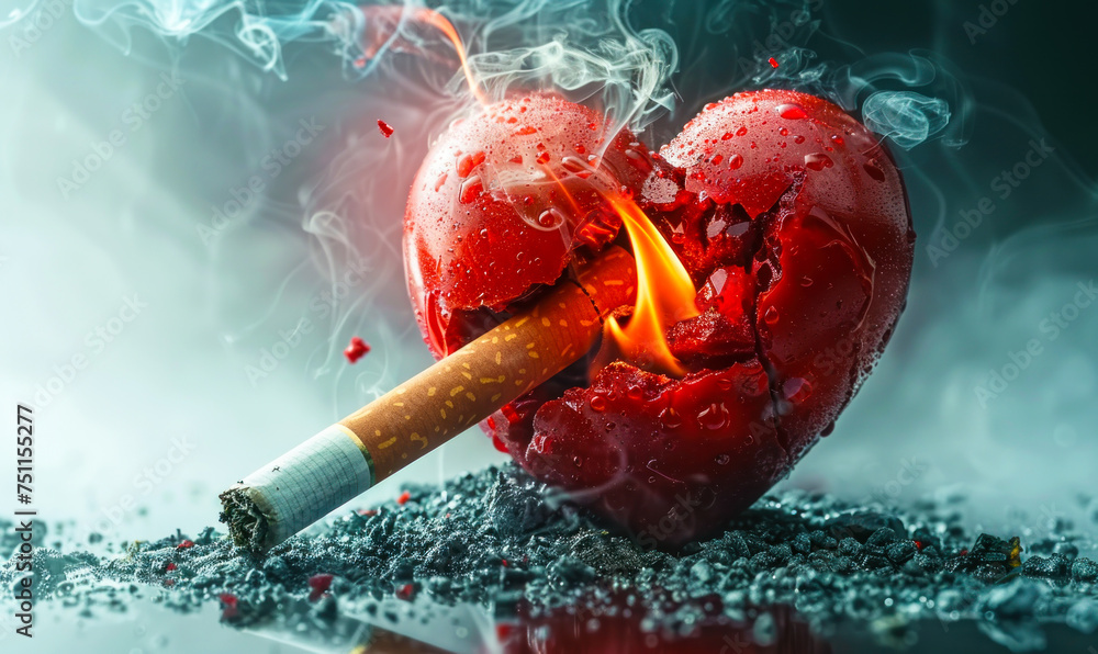 Conceptual image of a red heart damaged by a burning cigarette ...