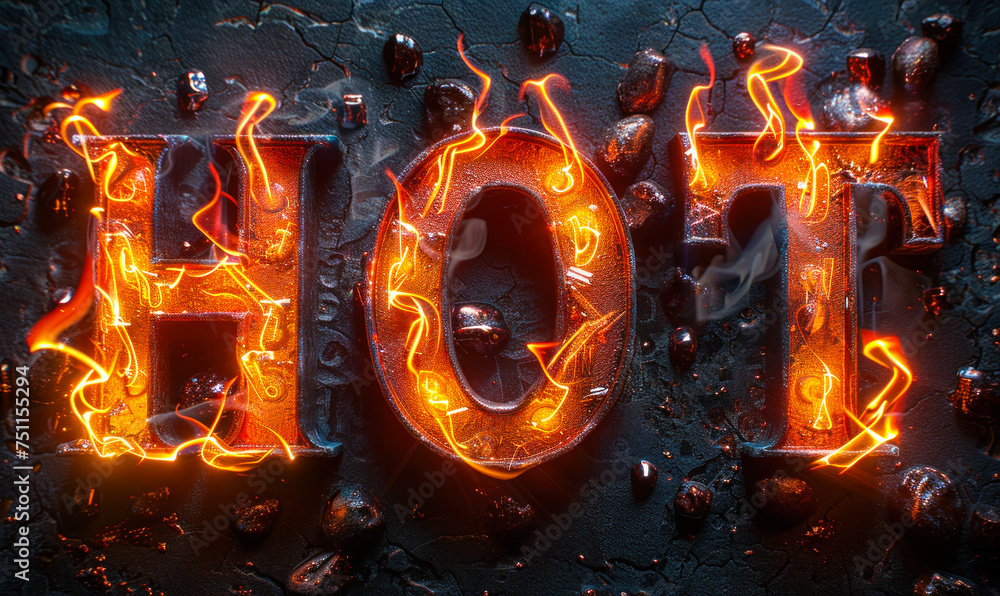 Blazing letters spelling HOT with fiery flames on a scorched surface ...