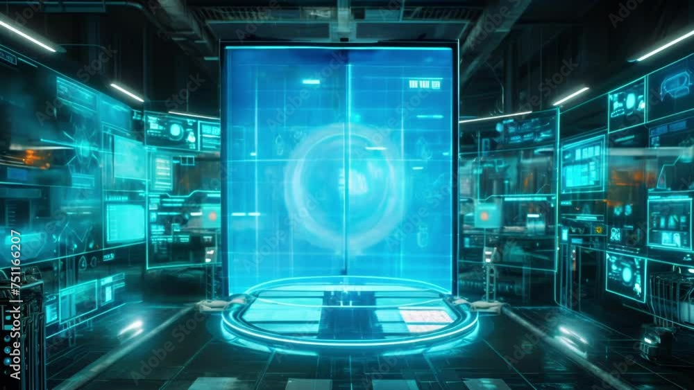 A 3D holographic map of the factory is surrounded by floating panels ...