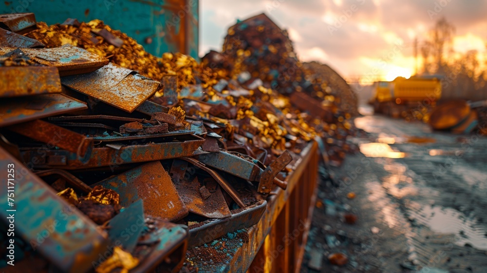 Recycle, scrap and rust on skip in junkyard for sorting, garbage and ...