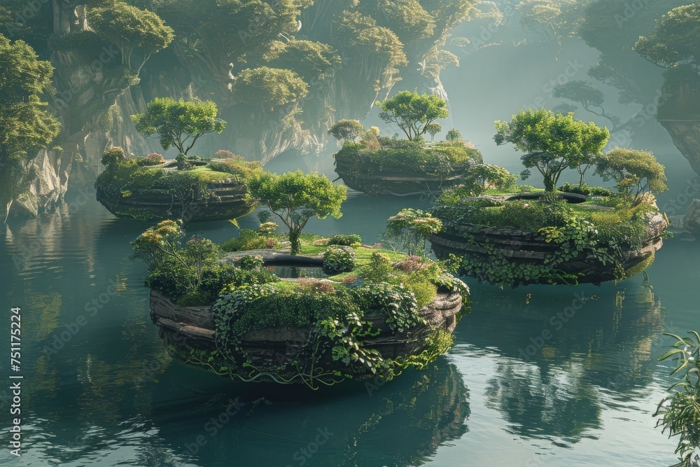 A series of floating islands each with its own ecosystem connected by ...